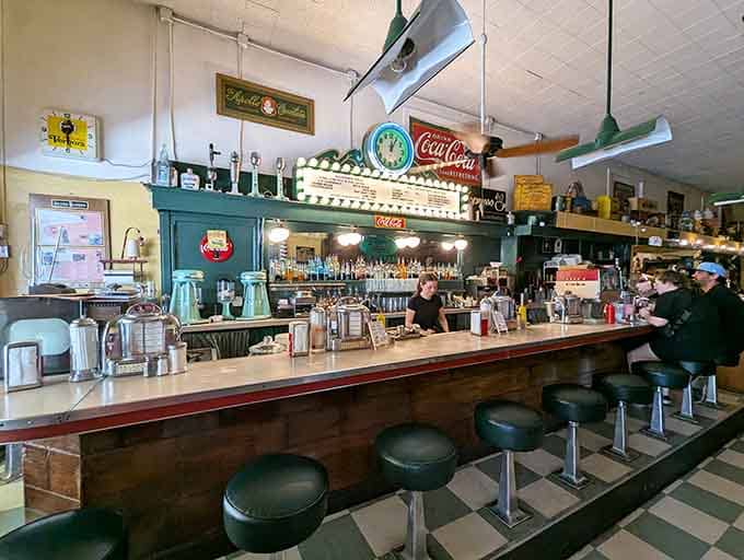The long counter lined with stools offers front-row seats to the best show in town: your milkshake being made.