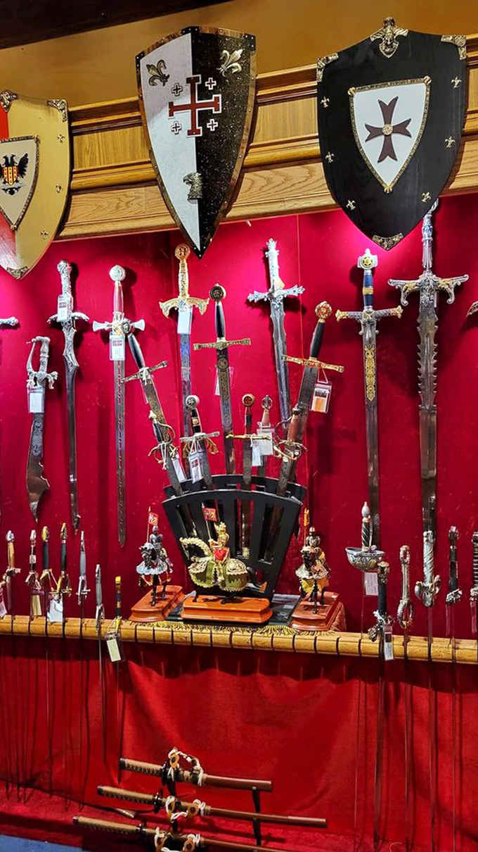Shields and swords line the walls like a museum met a Renaissance fair and decided to stay forever.