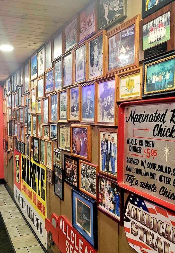 Walls covered in framed memories and Americana, creating a museum you can actually eat in.