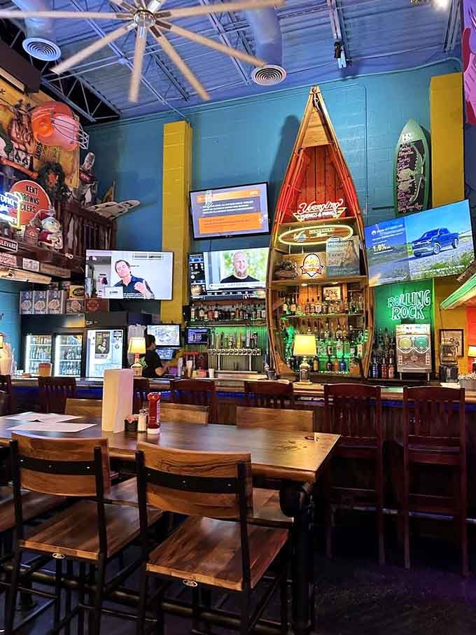 The bar features a boat, because why shouldn't your drinking spot double as a nautical adventure?