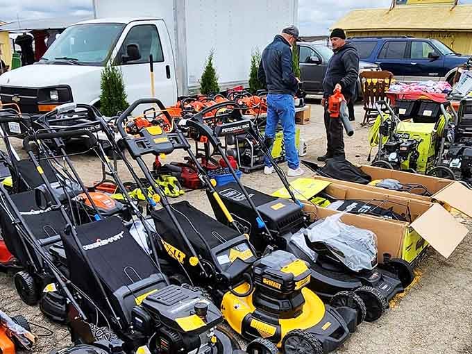 Lawn care central, where suburban warriors gather to compare horsepower and cutting widths before battling weekend grass growth.