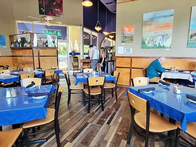 Simple wooden tables and comfortable chairs create an unpretentious setting where the food takes center stage as it should.