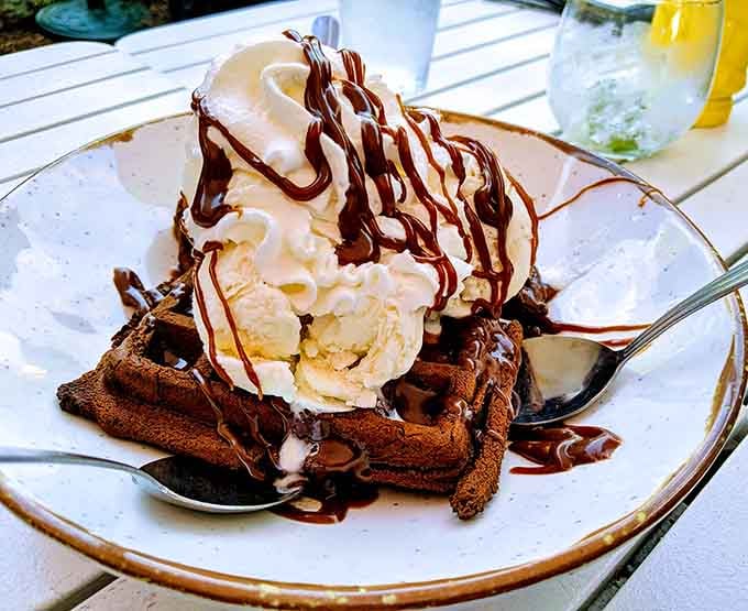 Dessert this decadent after a sandwich that size is ambitious, but you didn't come here for moderation.