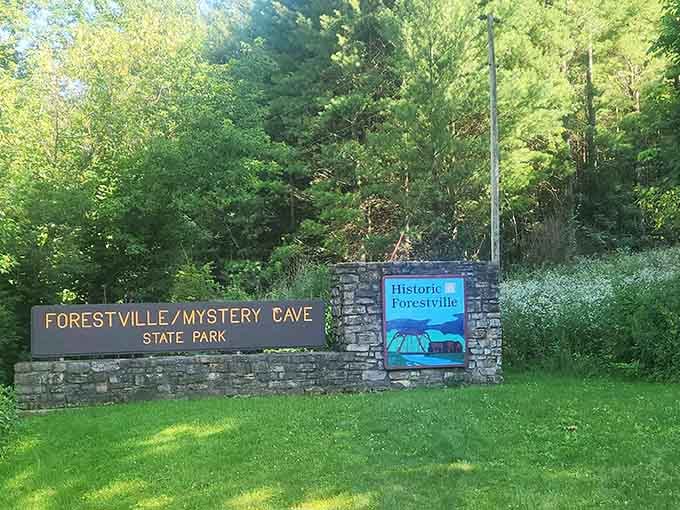 This modest entrance sign marks the gateway to Minnesota's longest cave system and most alien-looking landscape.