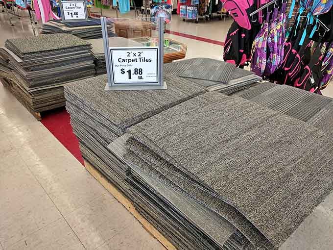 Carpet tiles stacked high prove you can literally rebuild your home from the floor up here.