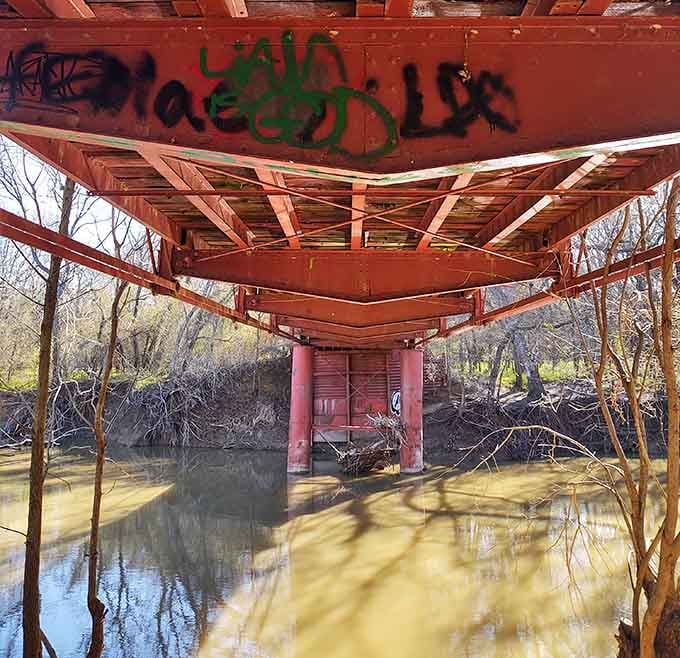 Looking up from below, the bridge's underbelly reveals engineering secrets and maybe a few mysteries too.