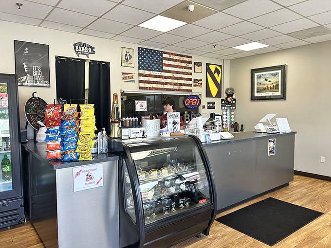 The counter of anticipation, where BBQ dreams come true. That display case holds desserts for those who somehow saved room.