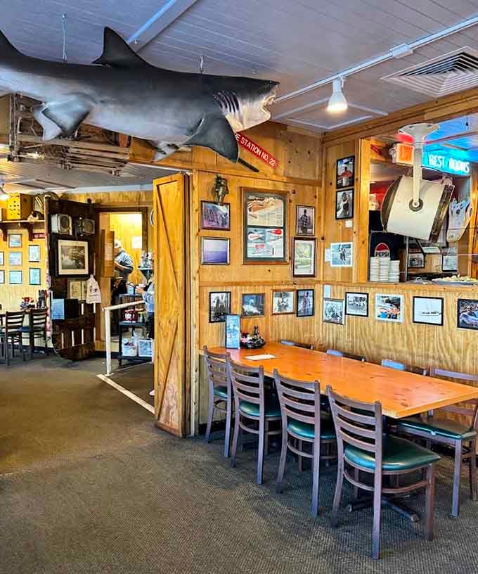 That shark hanging from the ceiling has seen more seafood platters pass beneath it than most of us ever will.