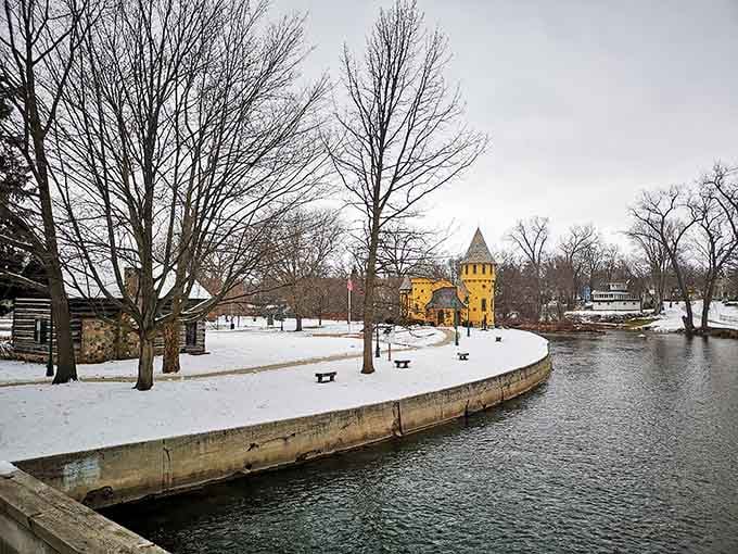 Winter transforms the yellow castle into a glowing beacon against snow, looking like a fairytale illustration come alive.