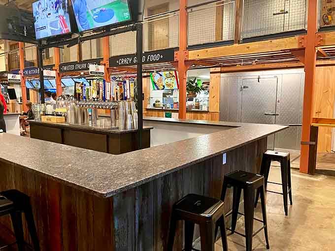 The bar area with craft beer taps where you can contemplate which cuisine pairs best with your beverage.