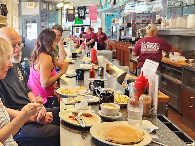 That long counter invites you to sit, stay awhile, and watch the breakfast ballet unfold right before you.