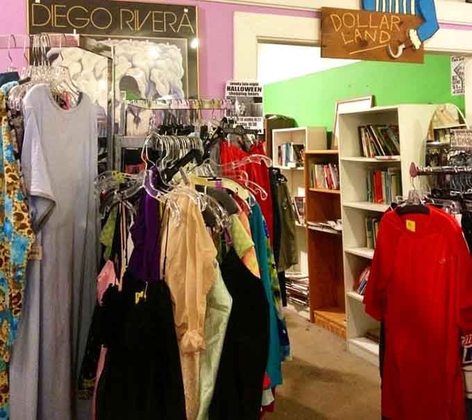 The clothing section bursts with color and possibility, where vintage glamour meets contemporary style in one glorious, affordable rack.