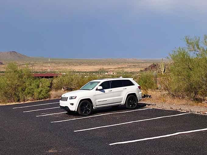 That parking lot view alone is worth the drive, and you haven't even started hiking yet, friend.