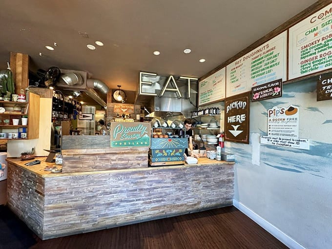 The counter where magic happens, complete with that "EAT" sign in case you needed a gentle reminder of your mission.