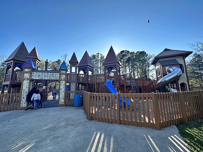 Planet Playground's wooden castle towers and slides create childhood magic, where parents' nostalgia meets modern kids' energy and imagination.