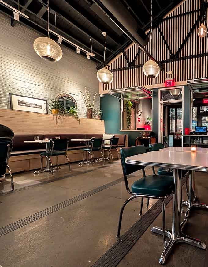 Bar seating that combines mid-century style with modern sophistication, perfect for solo diners or couples alike.