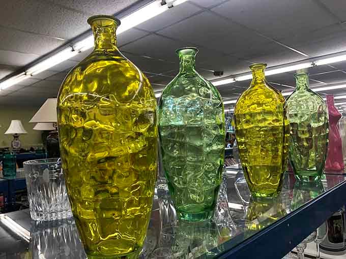 Decorative glass vases in colors that would make your grandmother's collection look positively understated by comparison.