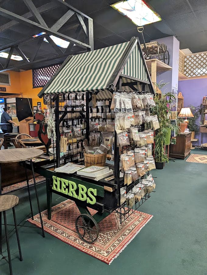 That striped awning cart is Mary Poppins' bag in physical form, impossibly full of delightful surprises.