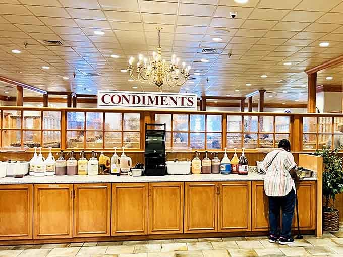 A condiment station so well-stocked it could probably supply a small restaurant for a month, maybe two.