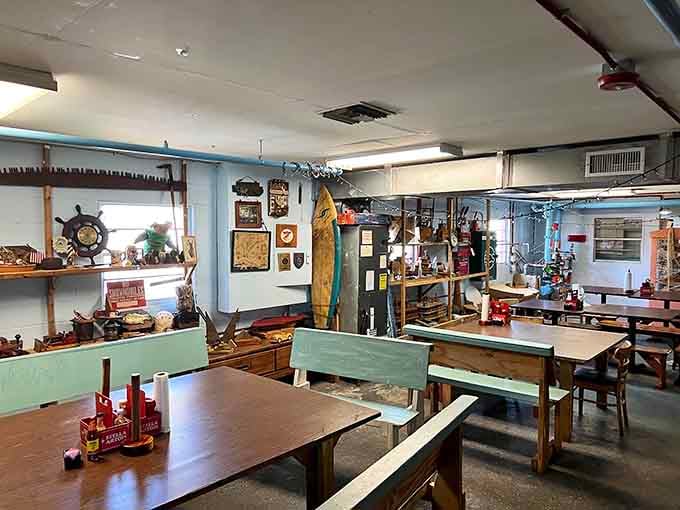 Nautical decor that feels authentic rather than forced, like eating in a captain's favorite hideaway spot.