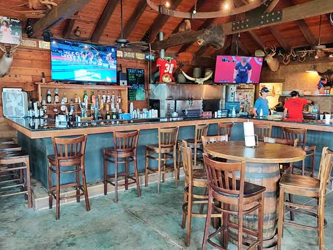 A full bar with mounted fish watching over your drink choices, judging you gently from above.