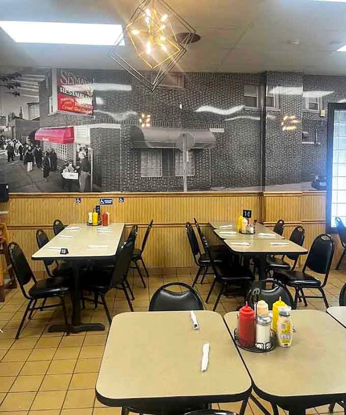 The dining room waits patiently for the lunchtime rush when every seat becomes precious real estate.