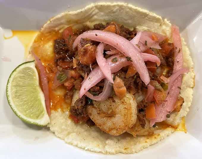 This taco isn't just food&mdash;it's edible art. Pickled red onions add the perfect tangy counterpoint to smoky shrimp and that handmade tortilla.