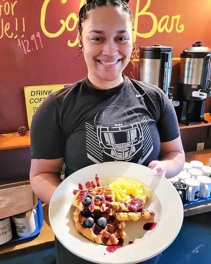 The staff here serves up smiles along with waffles that could make a grown person weep with joy.