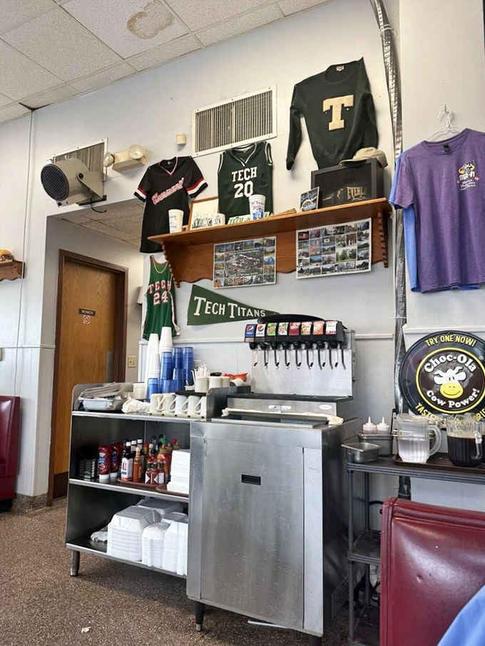 Local sports memorabilia on the walls shows this place is woven into the fabric of the community.