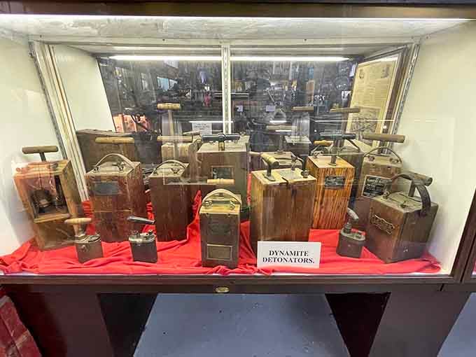 Vintage dynamite detonators on display, the kind of equipment that makes you grateful for modern safety regulations and OSHA.