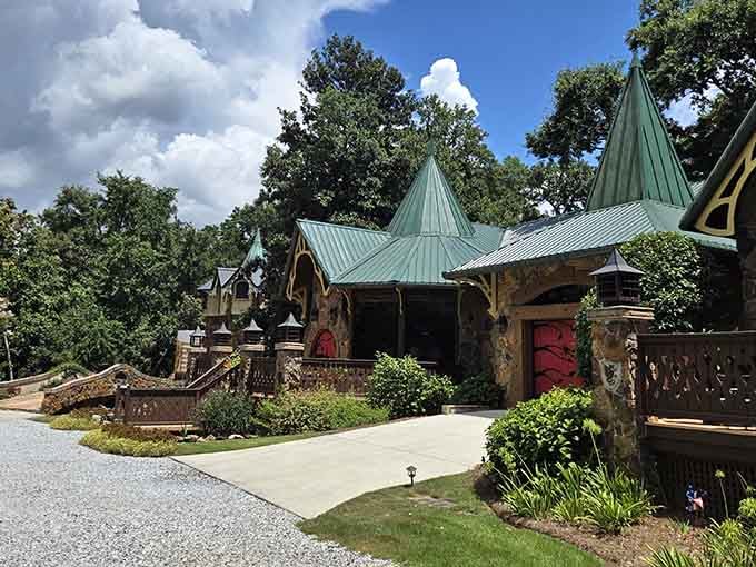 Multiple turrets with patina roofs create a skyline that Walt Disney would nod at approvingly from beyond.
