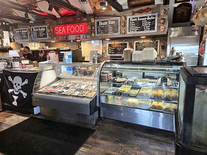 The counter where dreams come true and orders are placed &ndash; notice the fresh seafood displays tempting you at every turn.