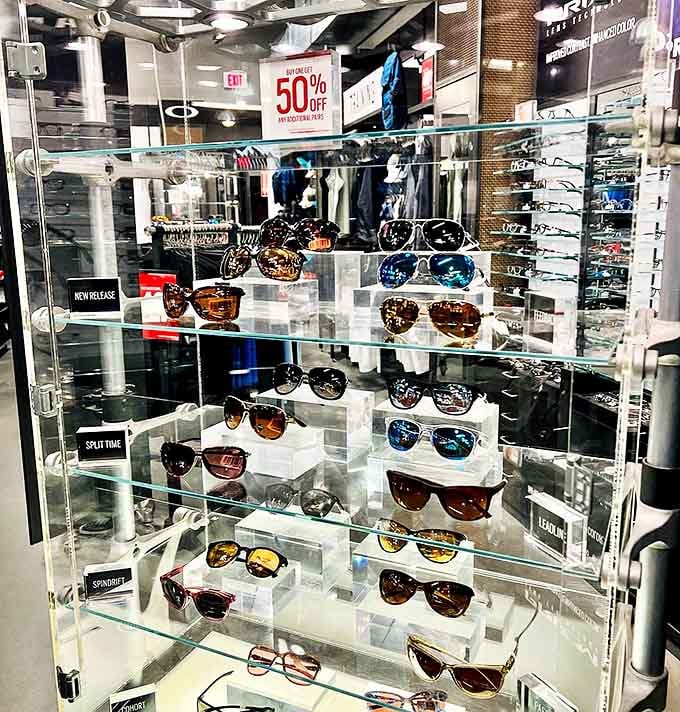Sunglasses displayed like museum artifacts. Finding your perfect pair is like discovering which superhero identity you'd like to assume today.