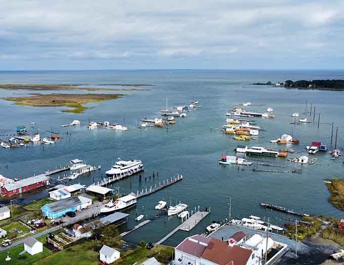 From above, Tangier Island looks like someone dropped a tiny town into the bay and it just decided to stay.