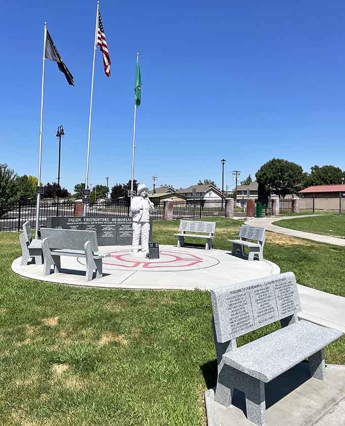 A nearby memorial honors fallen firefighters, adding meaningful depth to this charming roadside park in downtown Zillah.