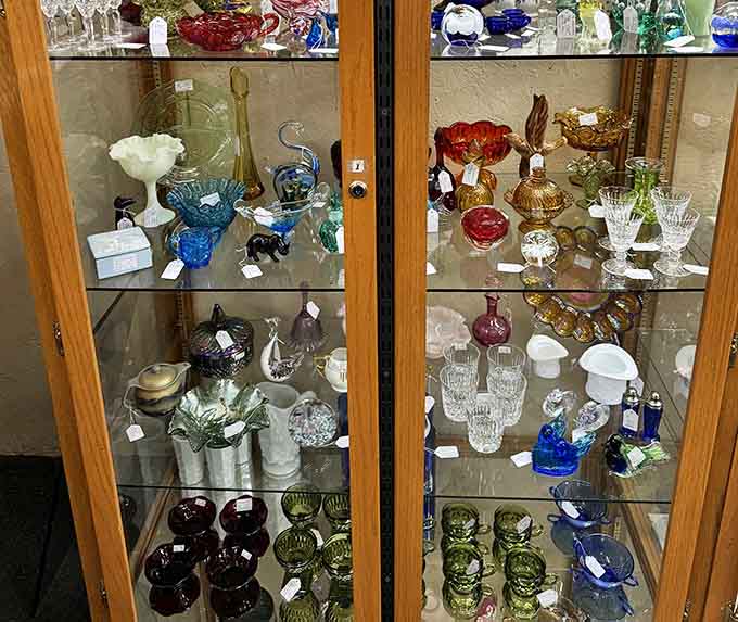 Glass cases protect delicate collectibles in jewel tones that catch the light like your grandmother's favorite things, but way more affordable.