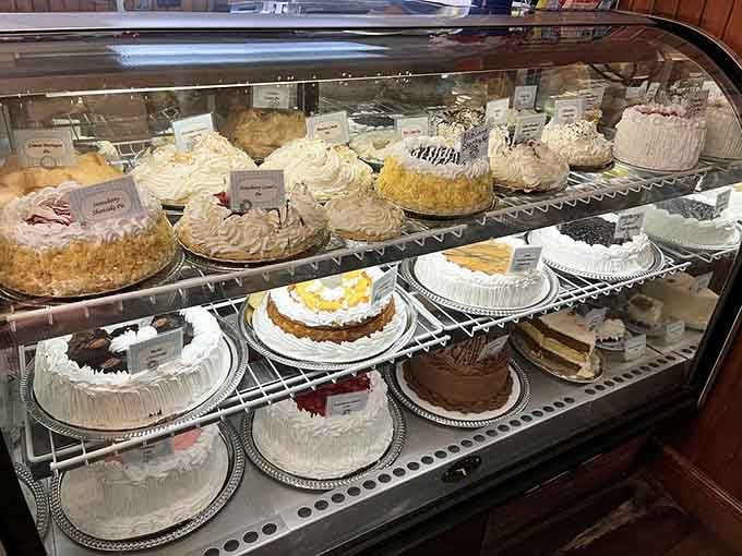 This dessert case holds more temptation than you can handle, each pie taller than your willpower is strong.