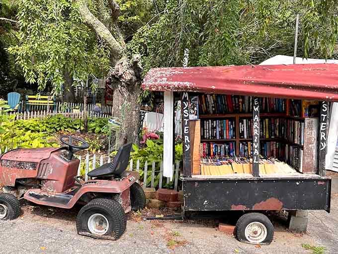 Books on wheels let staff rearrange inventory, or maybe they're just planning a very slow escape.