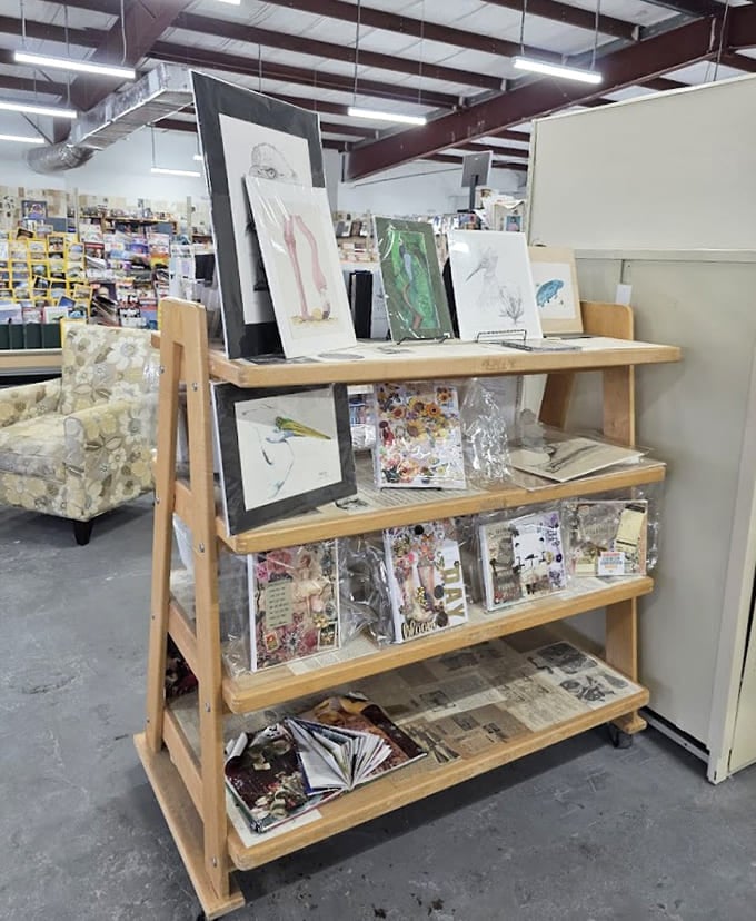 Local artists get shelf space too, because rescued creativity comes in more forms than just the written word.