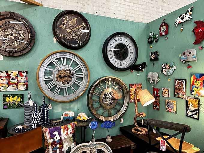 A wall of decorative clocks reminds you that time flies when you're having this much fun browsing vintage goods.