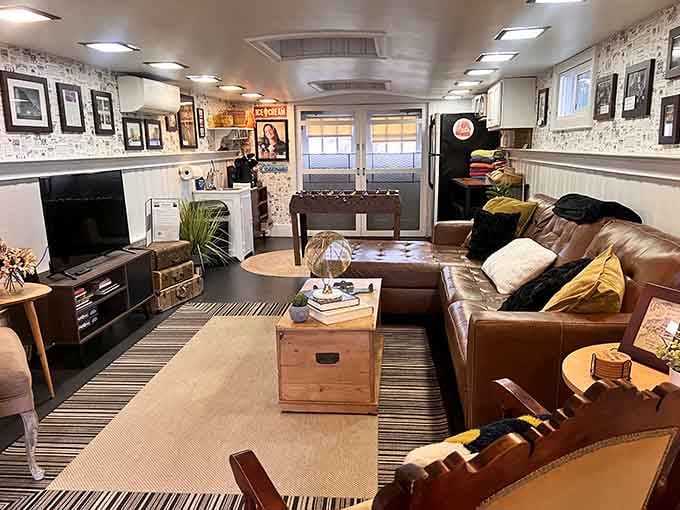 The living room proves you can have comfort and style even when your house is shaped like footwear.