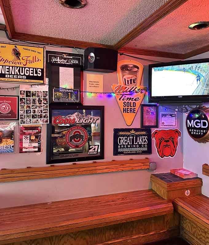 Every wall tells a story here, decorated with decades of beer memorabilia and Ohio pride on display.