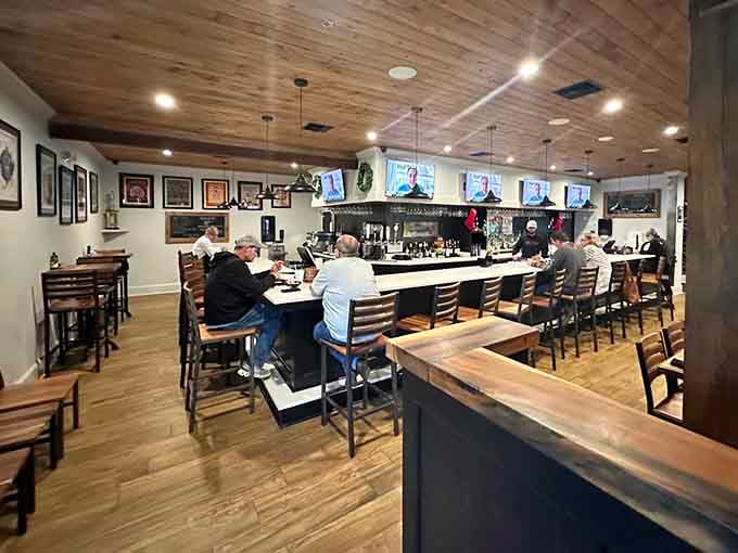 Wood floors, black columns, and enough seating to handle the crowds that know a good thing.