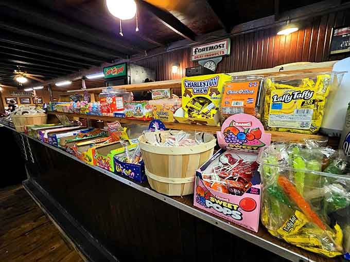 A candy counter stocked with nostalgic treats takes you straight back to simpler, sweeter childhood days gone by.