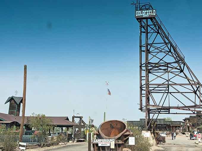 That mining tower reaches skyward like a monument to optimism, when folks believed fortune hid in every rocky hillside.