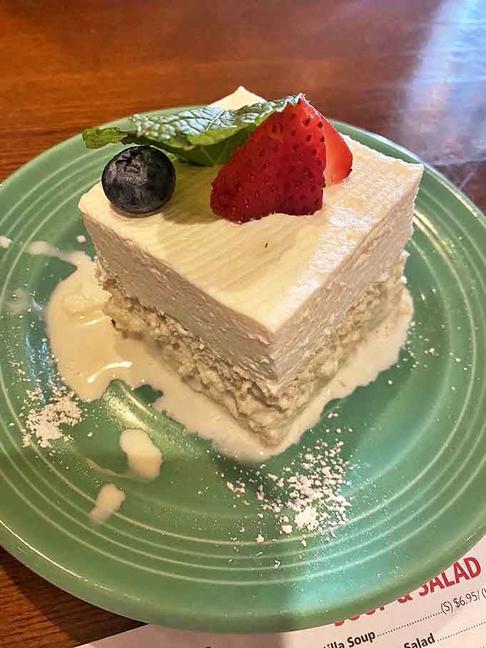 Tres leches cake that's so moist it should come with a lifeguard. That strawberry on top isn't garnish&mdash;it's the cherry on top of your day.