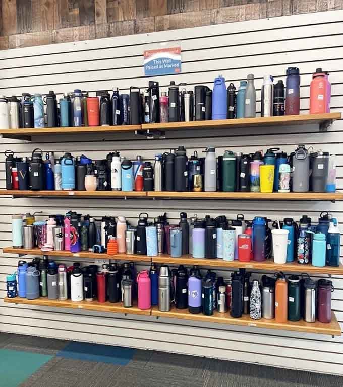 Water bottles in every conceivable color prove that hydration goals are universal, even among forgetful travelers everywhere.