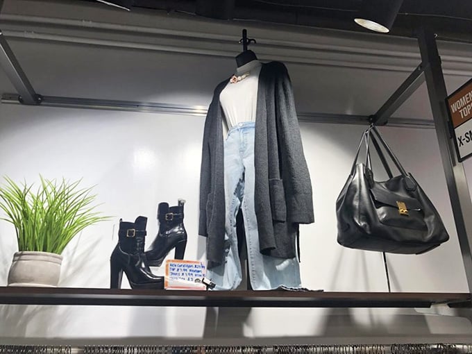 Styled displays proving this isn't your grandmother's thrift store, unless your grandmother has impeccable fashion taste always.