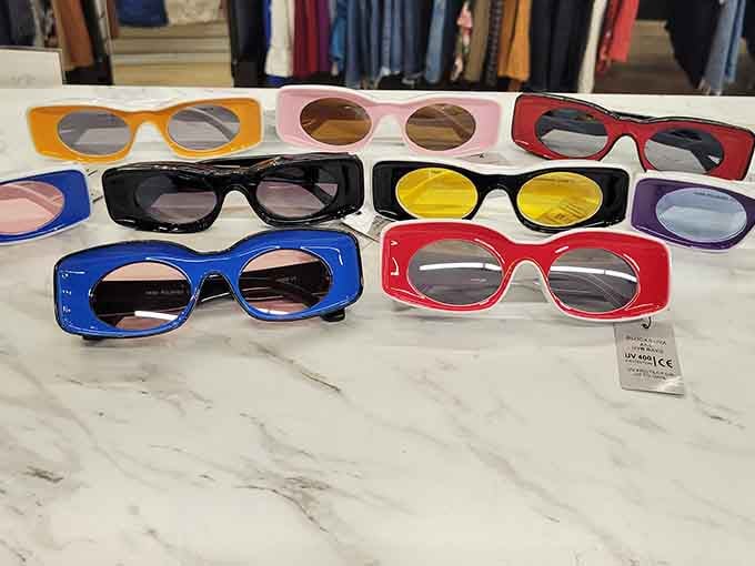 Sunglasses in colors that scream confidence, perfect for looking mysteriously cool at the grocery store or anywhere else.