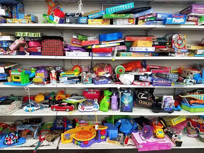 Toys create a rainbow of childhood possibilities, second chances at playtime without the guilt-inducing price tags.